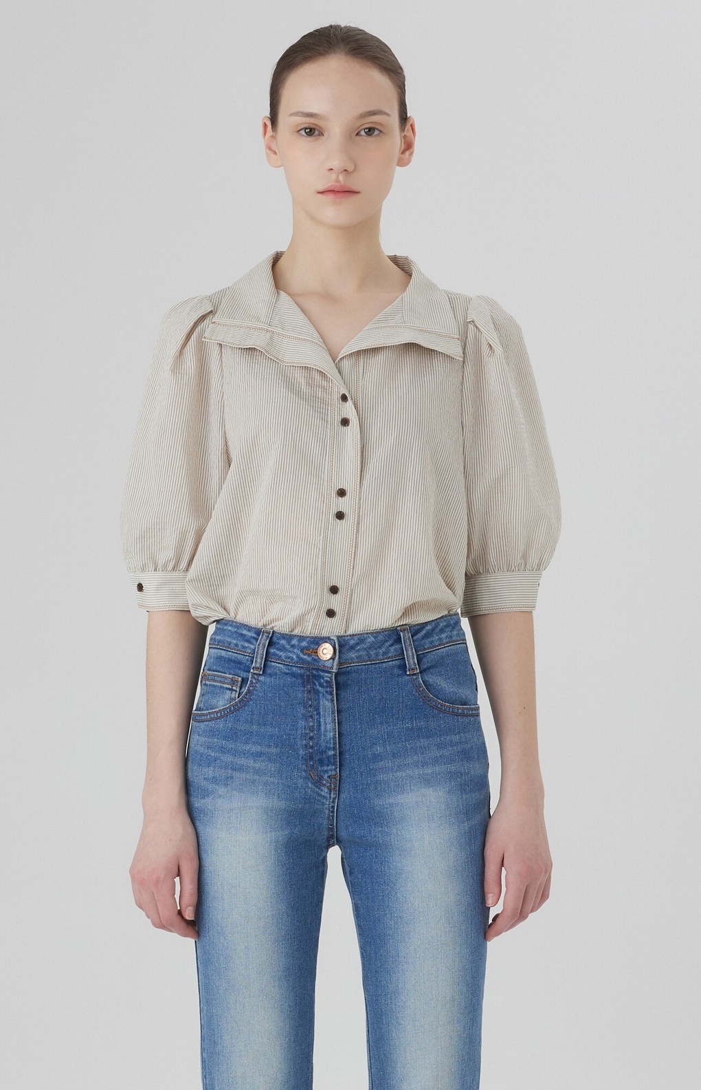 [라인] [N356] 스트라이프 콤비버튼 블라우스(NWBLMD0400) _ 동수원점- 이랜드몰