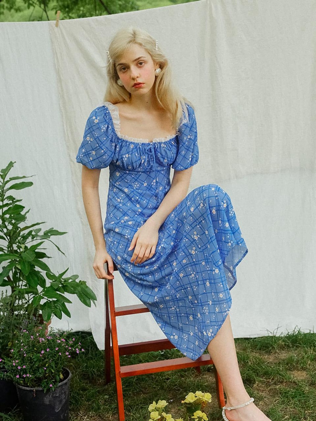 DD blue check square neck long dress- 이랜드몰