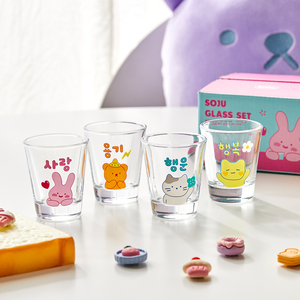 시럽베어 밀크캣 버터군 스크래빗 유리 소주잔 4P SET_KT2123007- 이랜드몰