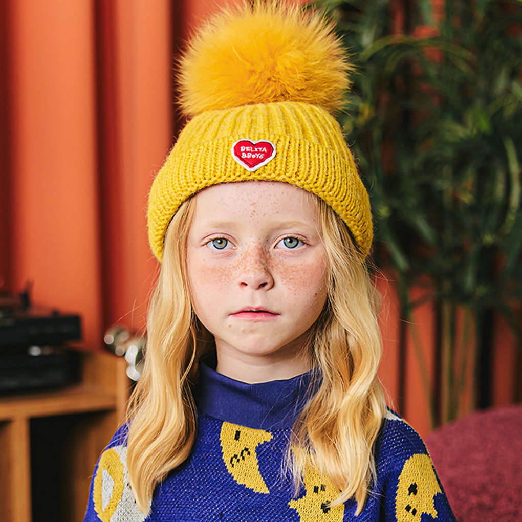 Yellow BB Heart Pom Pom Beanie- KIDIKIDI