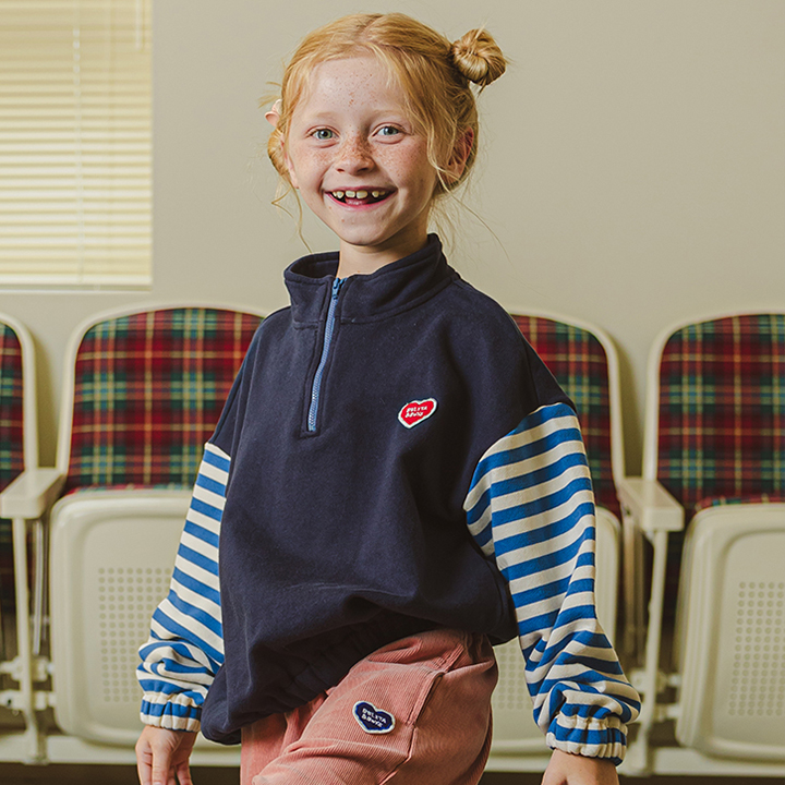 Navy Stripe BB Heart Half-Zip- KIDIKIDI