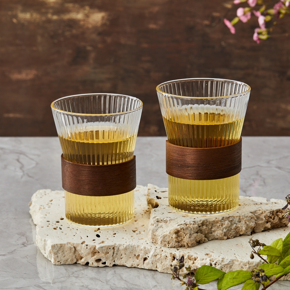 소울카페 우드홀더 플리츠 내열유리 컵 2P 340ml_GA0824027- 모던하우스