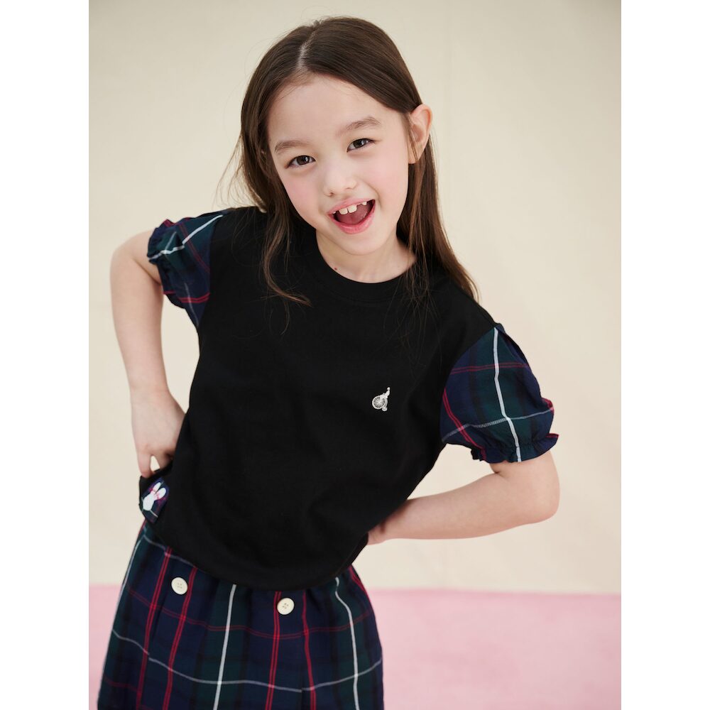 [BEANPOLE KIDS] 체크 매치 반팔 티셔츠 블랙 (BI5442G105)- KIDIKIDI